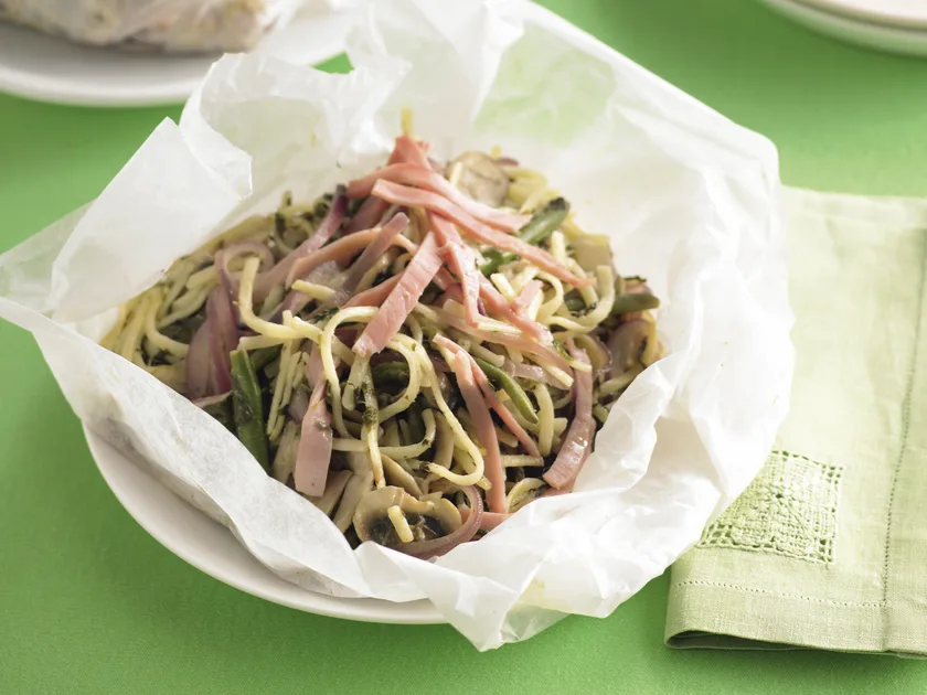 Ham, mushroom and spinach pasta parcels