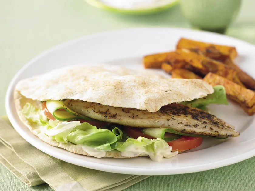 Piri piri fish pitas with kumara chips