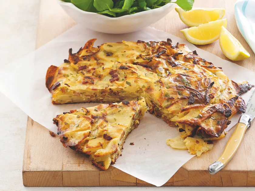 Potato and bacon cake with watercress