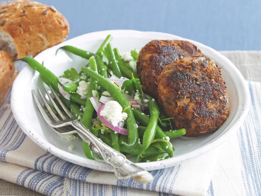 Cajun lamb rissoles with green bean salad