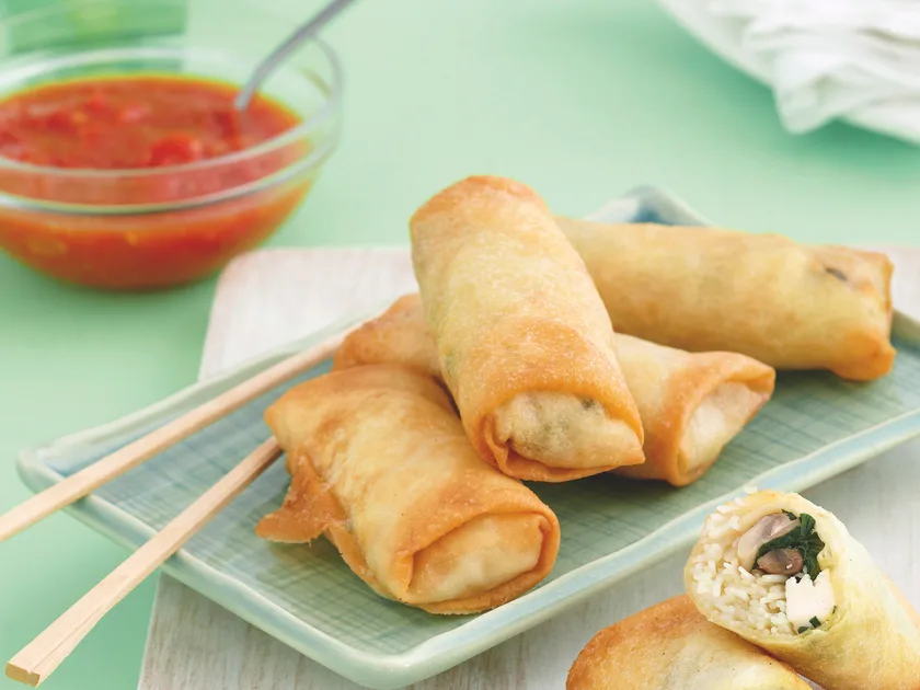 Tofu and mushroom spring rolls with chilli jam