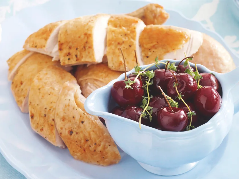 Cold roast chicken with pickled cherries