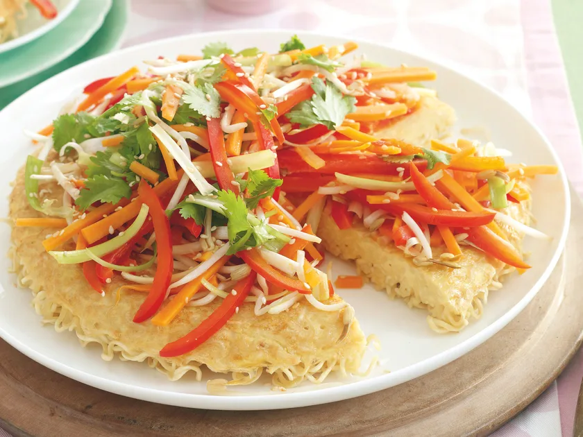 Noodle cake with sesame vegies