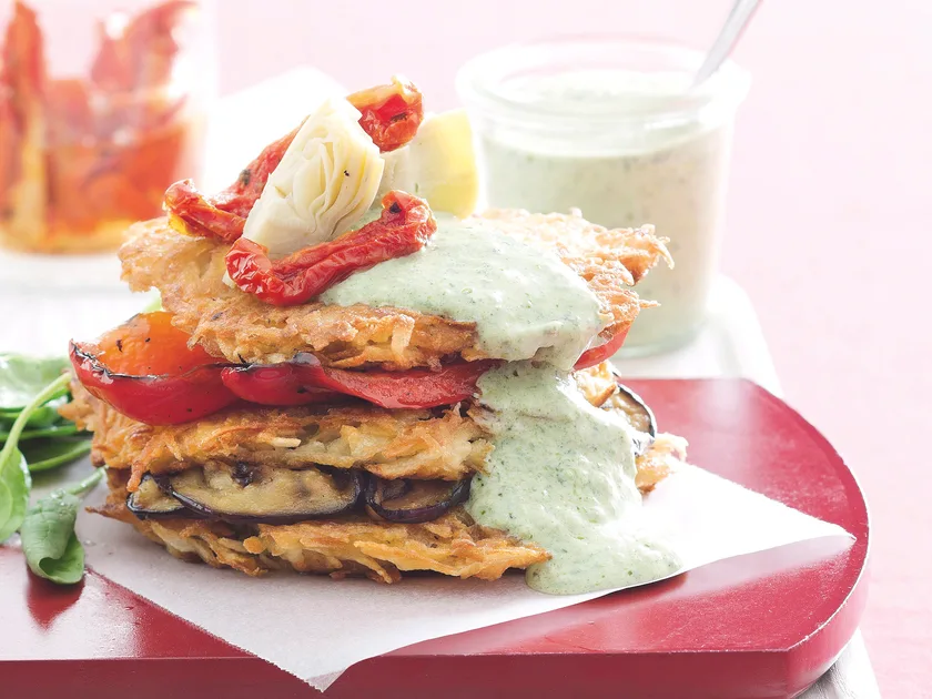 Antipasto and hash brown stack