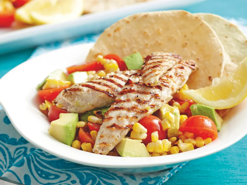Grilled fish with corn salad