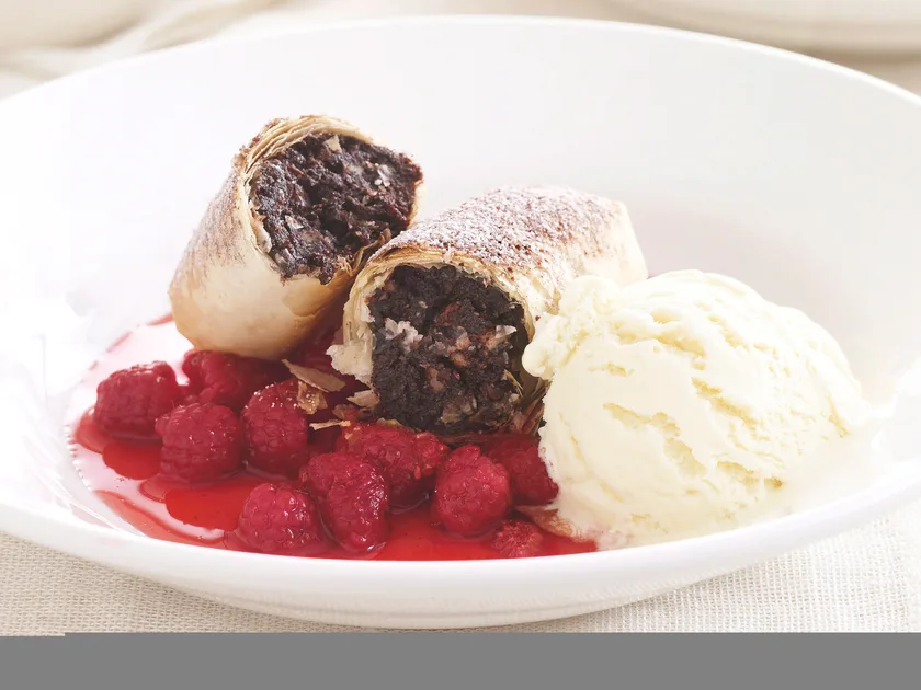 Chocolate fingers with poached raspberries