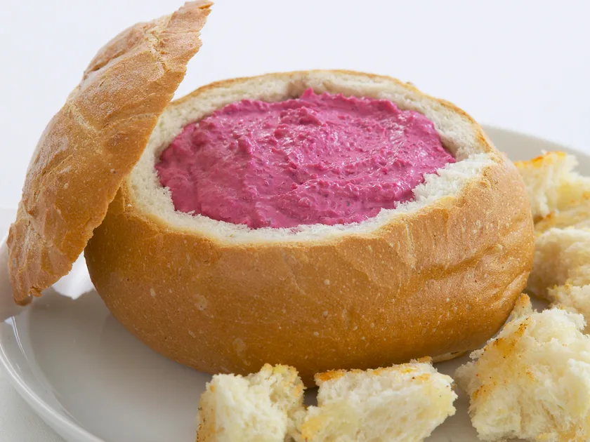 Beetroot dip in a cob