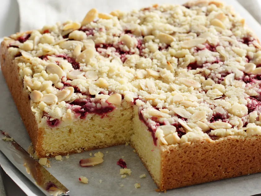 Raspberry and almond slab cake