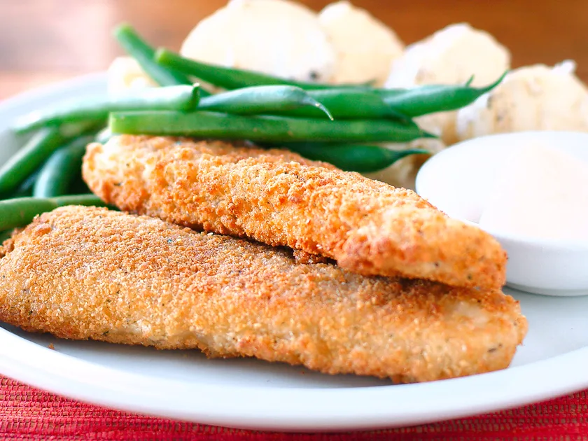 Crumbed fish with creamy lime potatoes