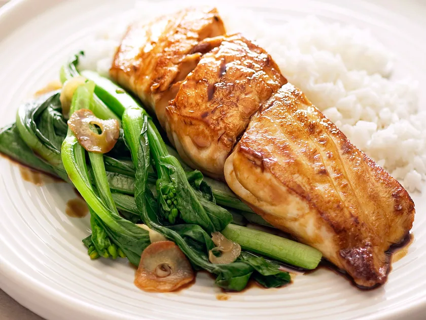 Glazed fish with choy sum