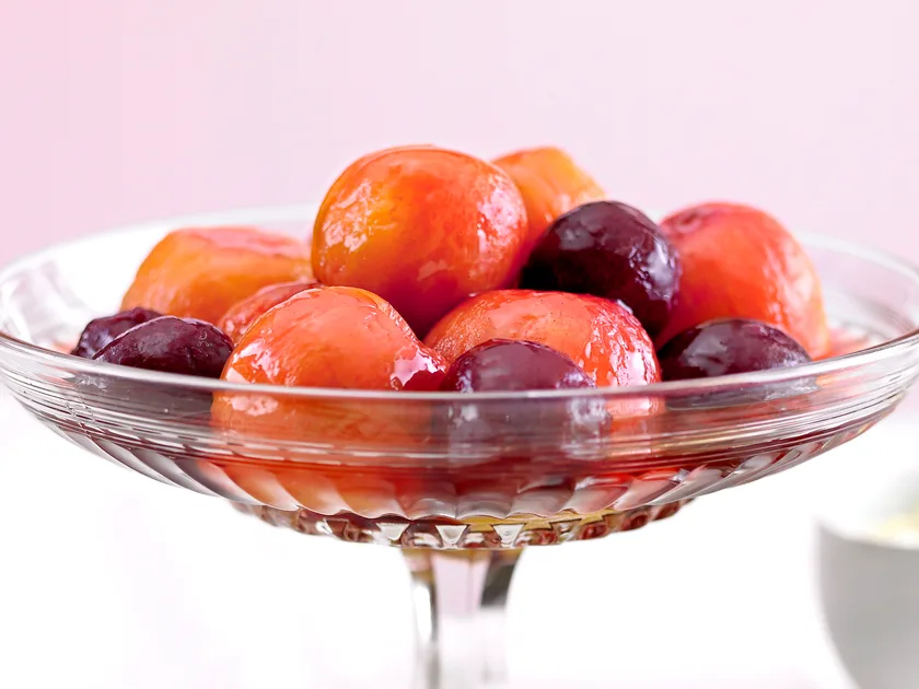 Poached summer fruits with cream and biscotti recipe