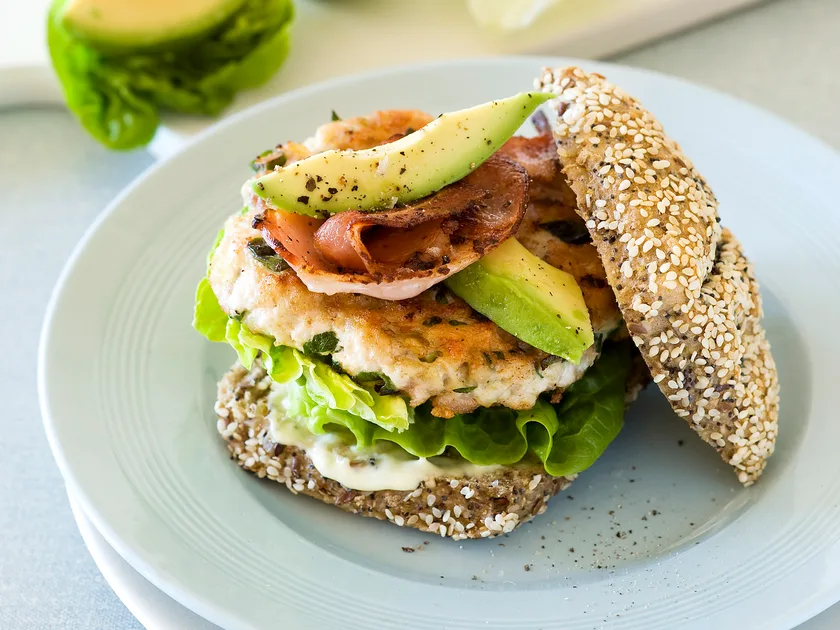 Chicken burger with avocado and bacon