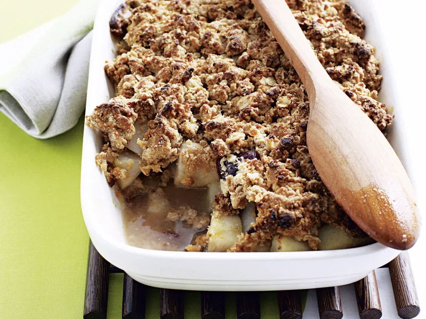Pear and date crumble with honey oat topping