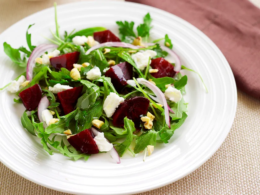 Beetroot salad with feta, mint and hazelnuts