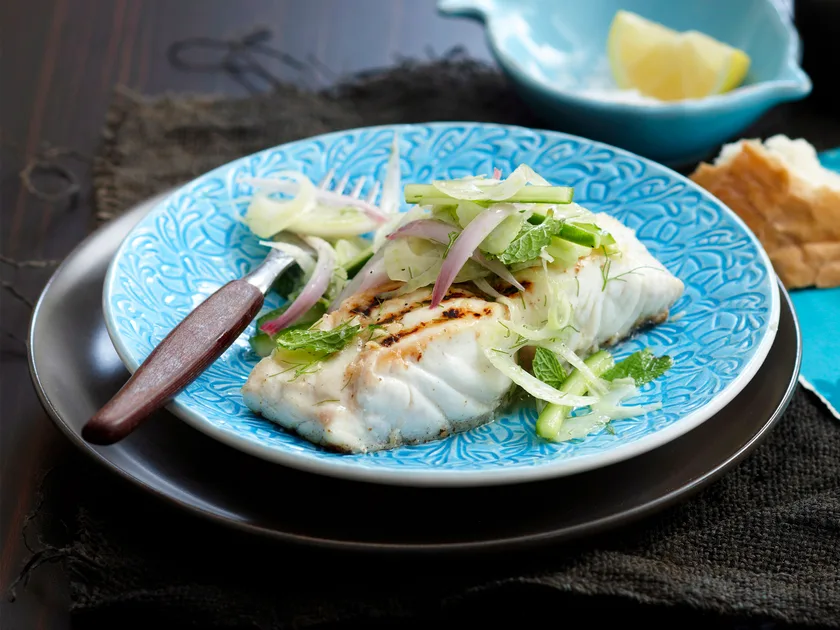 Grilled blue-eye trevalla with cucumber salsa