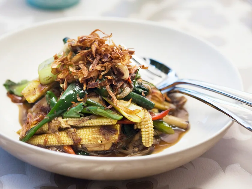 Wok seared vegetables with soy and coriander