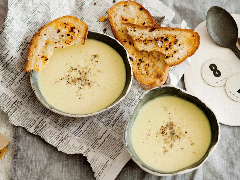 Sweet corn veloute with chilli ciabatta crisps