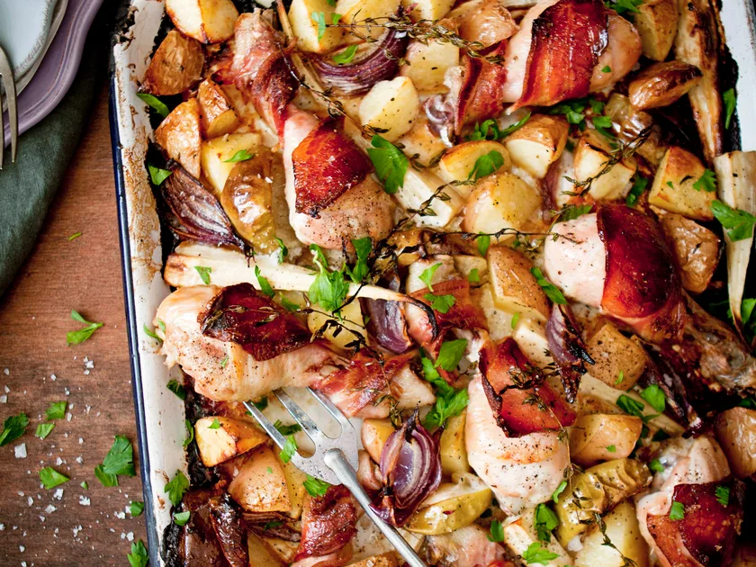 Maple bacon chicken with potato and parsnip recipe