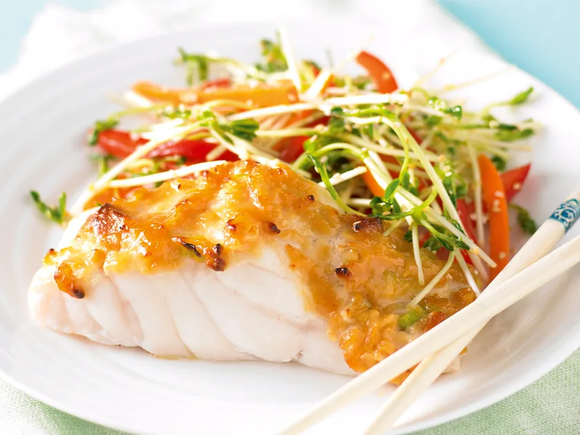 Miso fish with snow pea salad