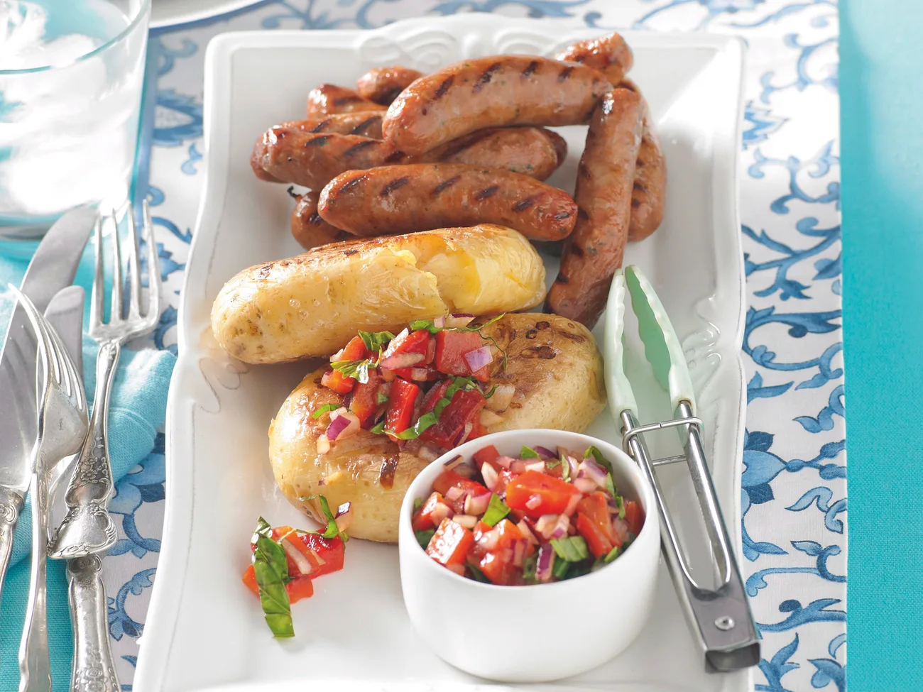 Beef chipolatas with smash and salsa