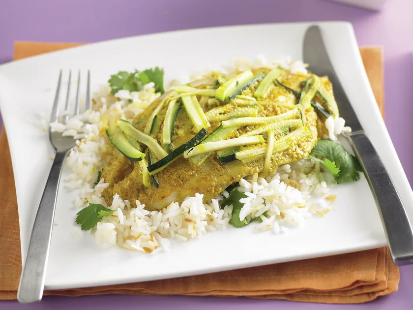 Malaysian-style fish parcels with coconut rice