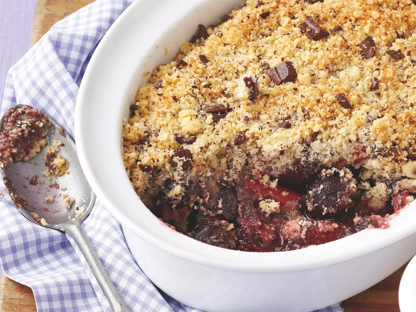 Rhubarb and cherry chocolate crumble
