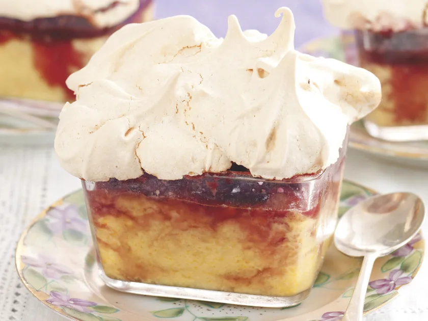 Queen of puddings with cherry berry jam recipe