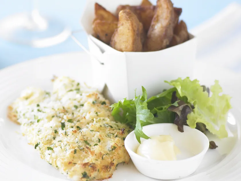 Herb-crumbed fish and wedges