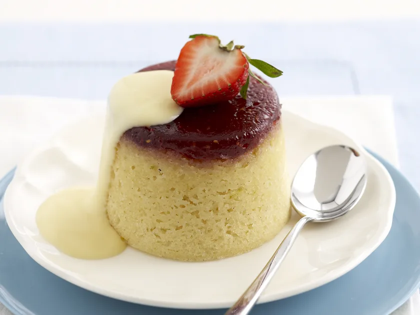 Strawberry jam and vanilla puddings