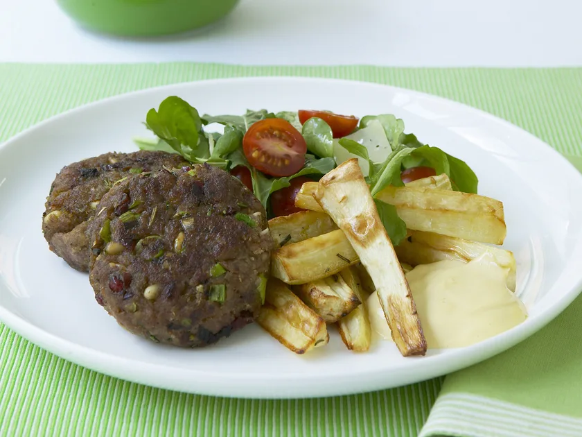 Turkey rissoles with parsnip chips