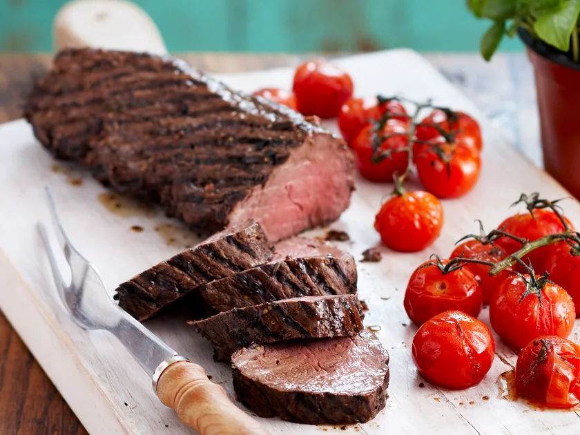 Marinated beef fillet with truss tomatoes