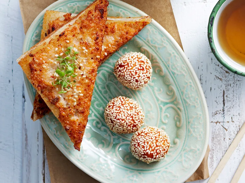 Prawn toasts and kumara sesame balls
