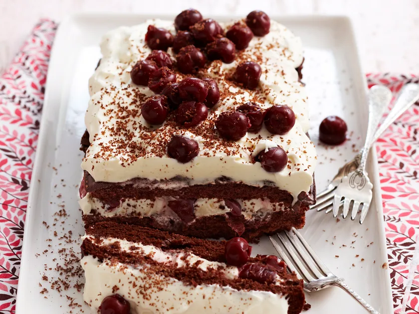 Black forest slice topped with fresh cream and cherries recipe