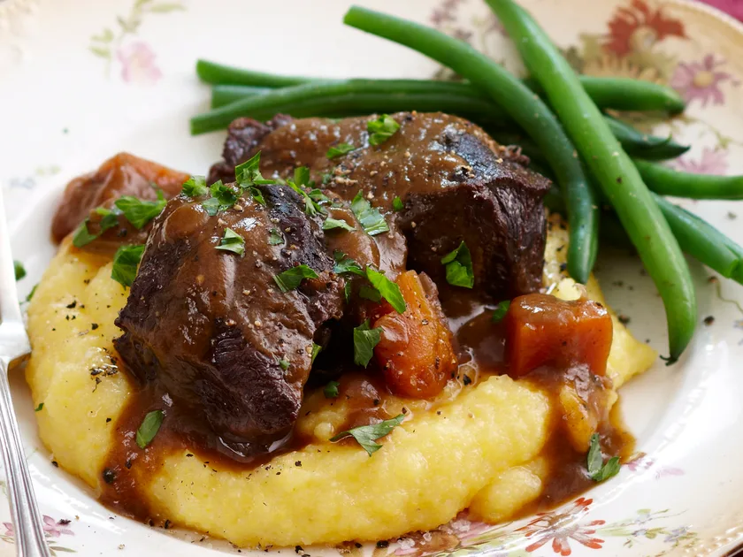 Braised beef cheeks in red wine with polenta recipe