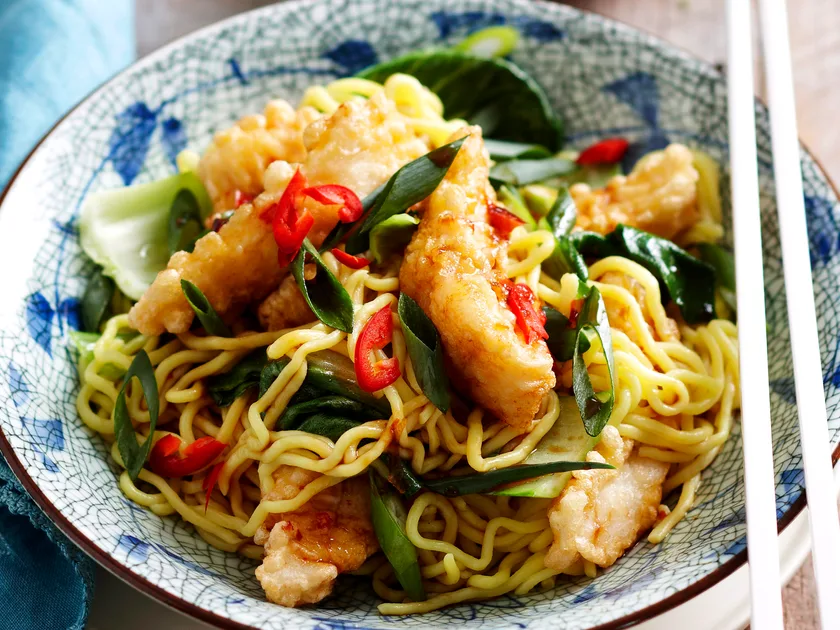 Crispy chilli fish and noodles