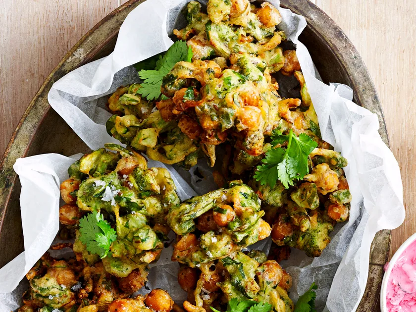 Vegetable pakoras with beetroot raita