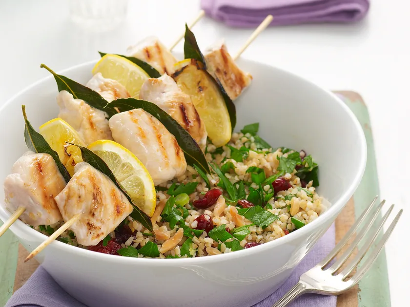 Cranberry and lemon burghul with grilled chicken skewers recipe