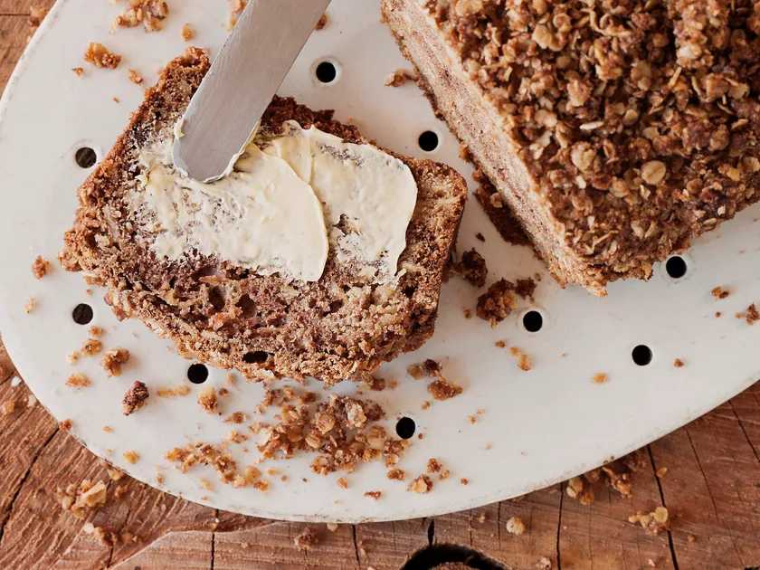 Parsnip and apple loaf with oaty crumble topping