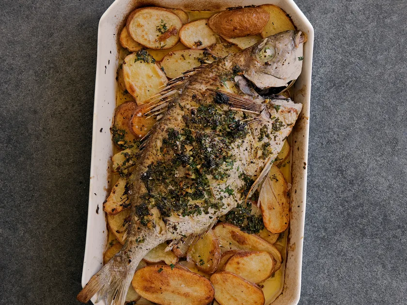 Roast tarakihi and potatoes with salsa verde