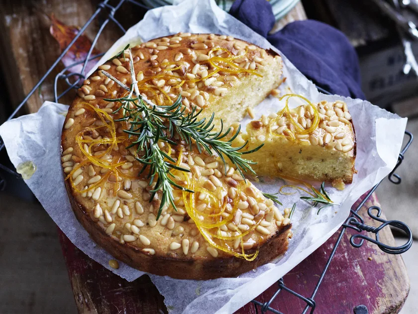 Orange, fennel & pinenut cake with orange sinrose mary syrup