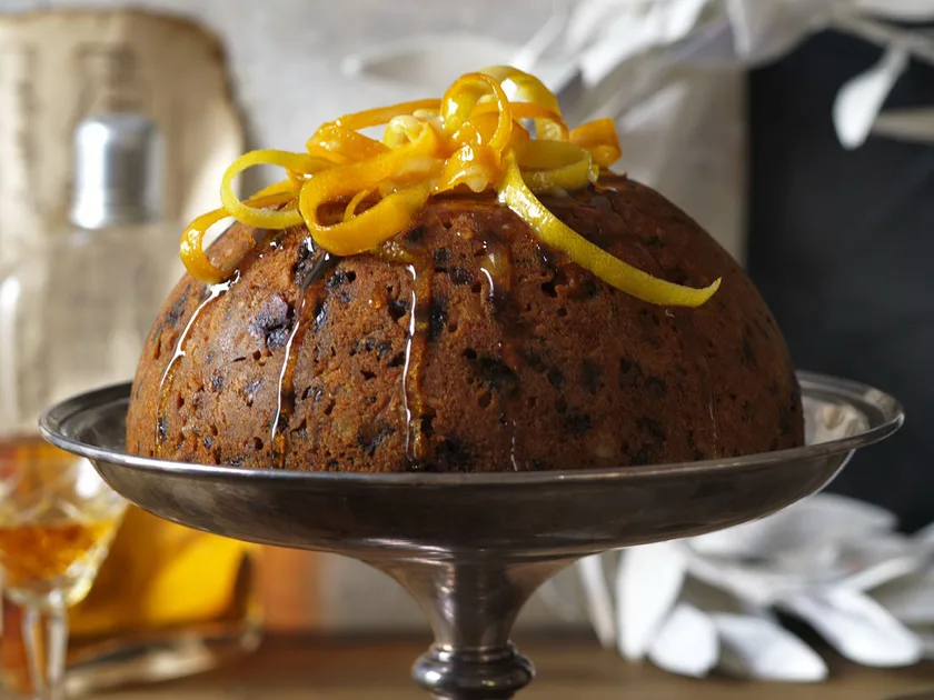 Steamed citrus brandy fruit pudding