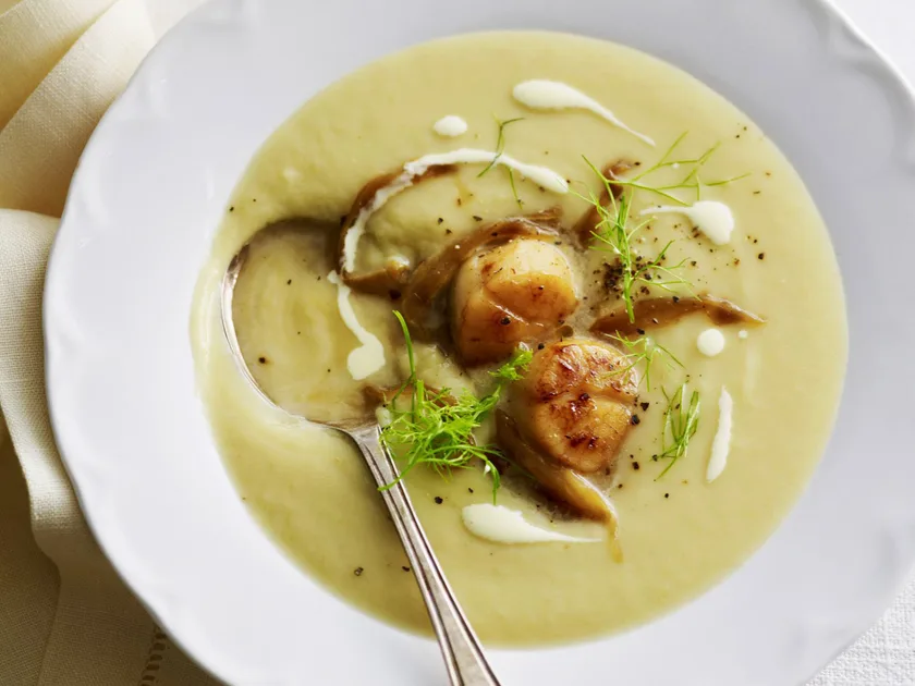 Fennel, potato & scallop soup