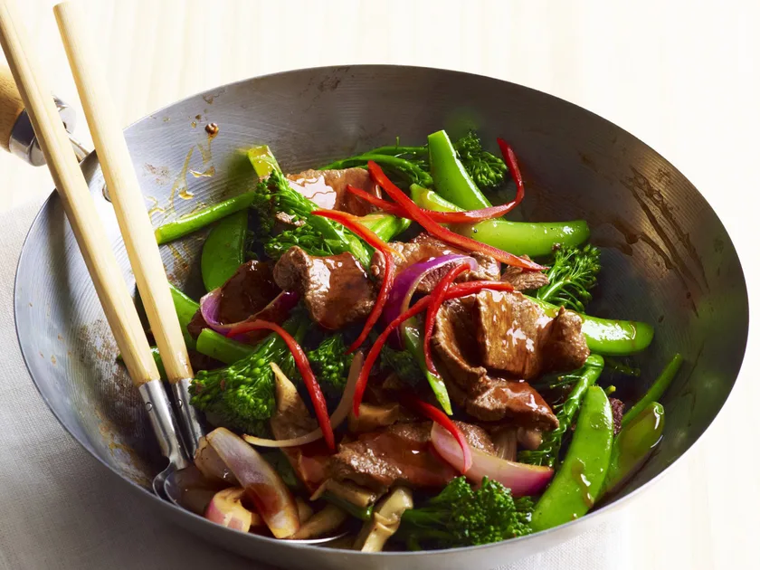 Five-spice lamb and chilli stir-fry with greens