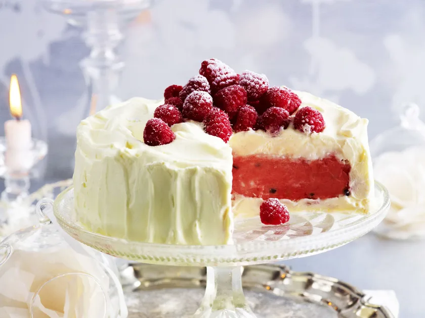 Raspberry and passionfruit vacherin