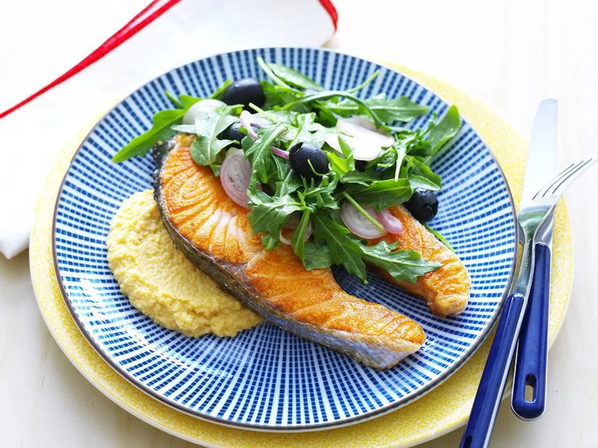 Salmon cutlets with lemon chickpea purée