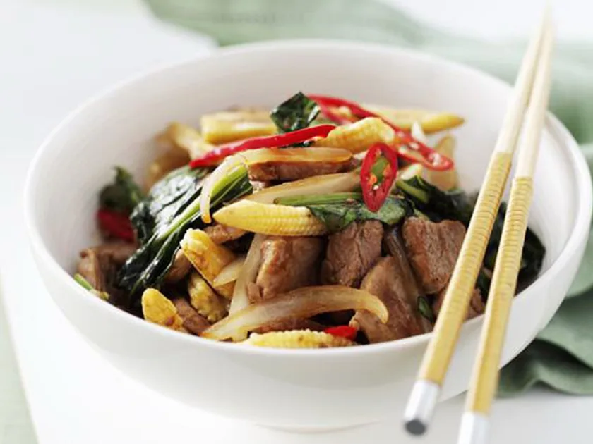 Char siu pork, corn and choy sum