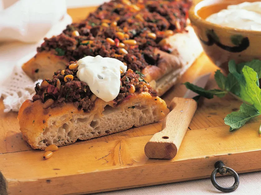 Turkish-style pizza with minted yoghurt