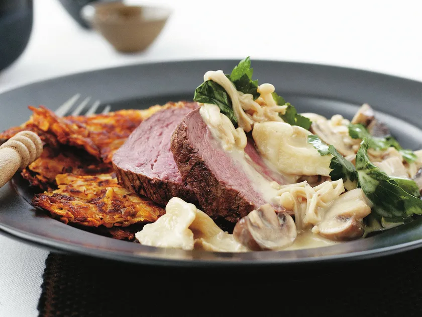 Roasted eye fillet with rösti and mushrooms