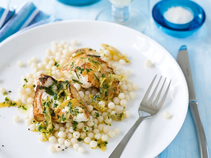 Fish with lemon butter on Israeli couscous