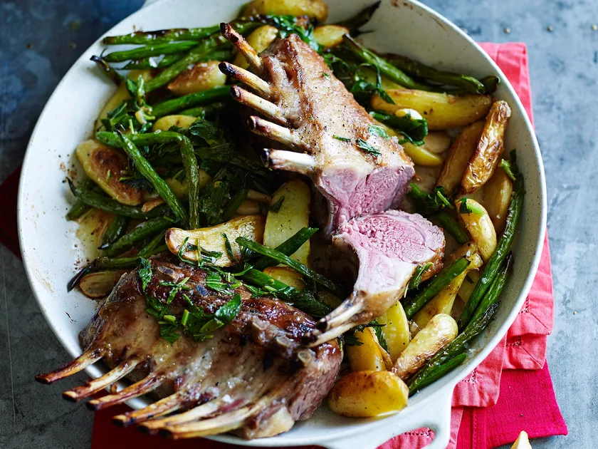 Pan-roasted lamb racks with mint and oregano garnish recipe
